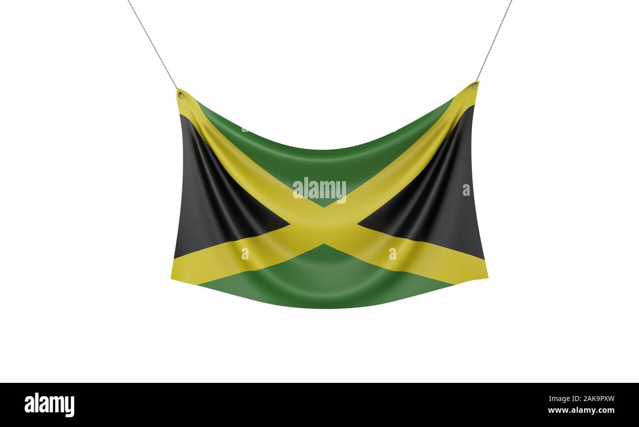 Jamaica national flag hanging fabric banner. 3D Rendering Stock Photo ...