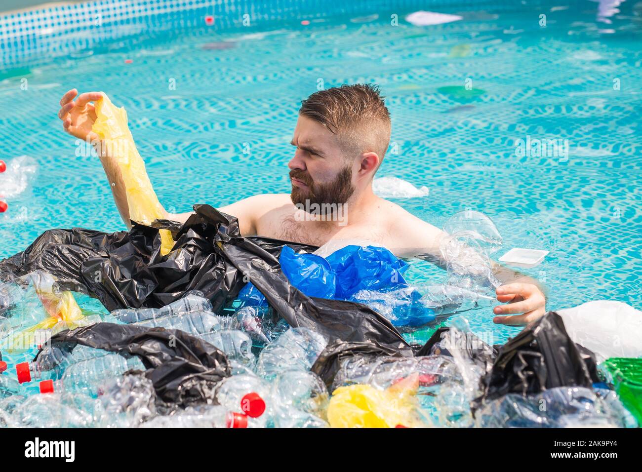 Ecology, plastic trash, environmental emergency and water pollution ...