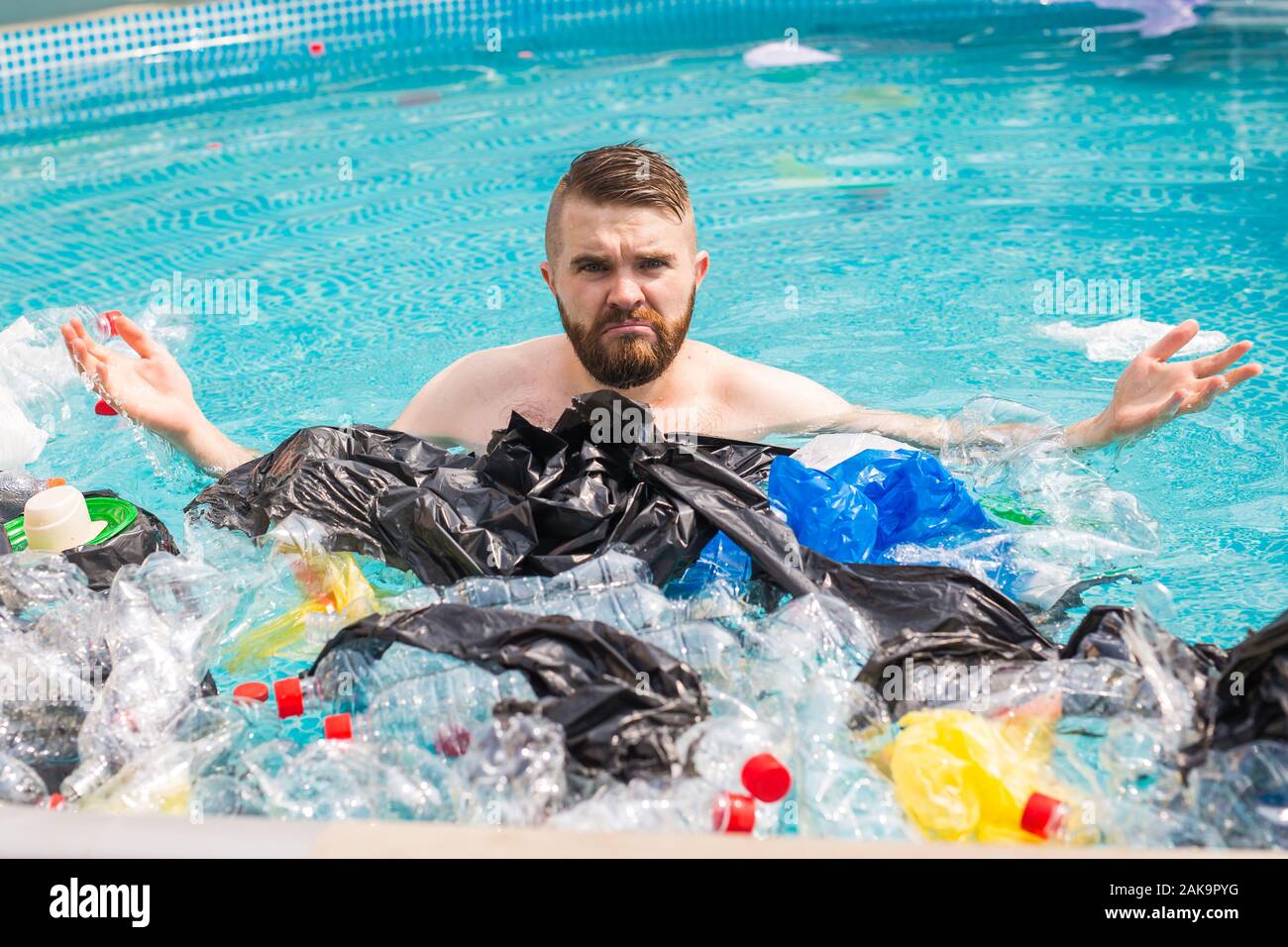 Ecology, plastic trash, environmental emergency and water pollution ...