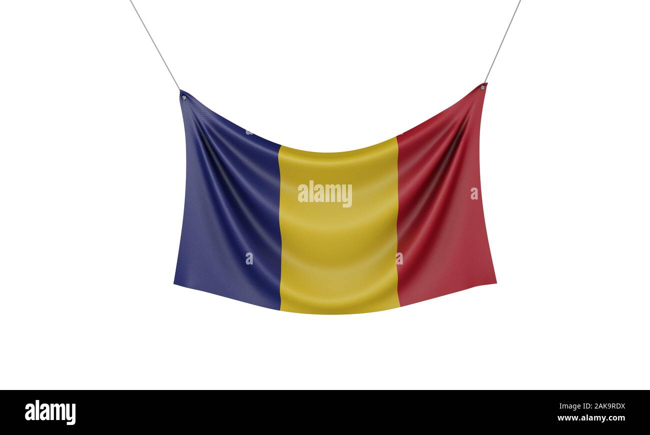 Romania national flag hanging fabric banner. 3D Rendering Stock Photo ...