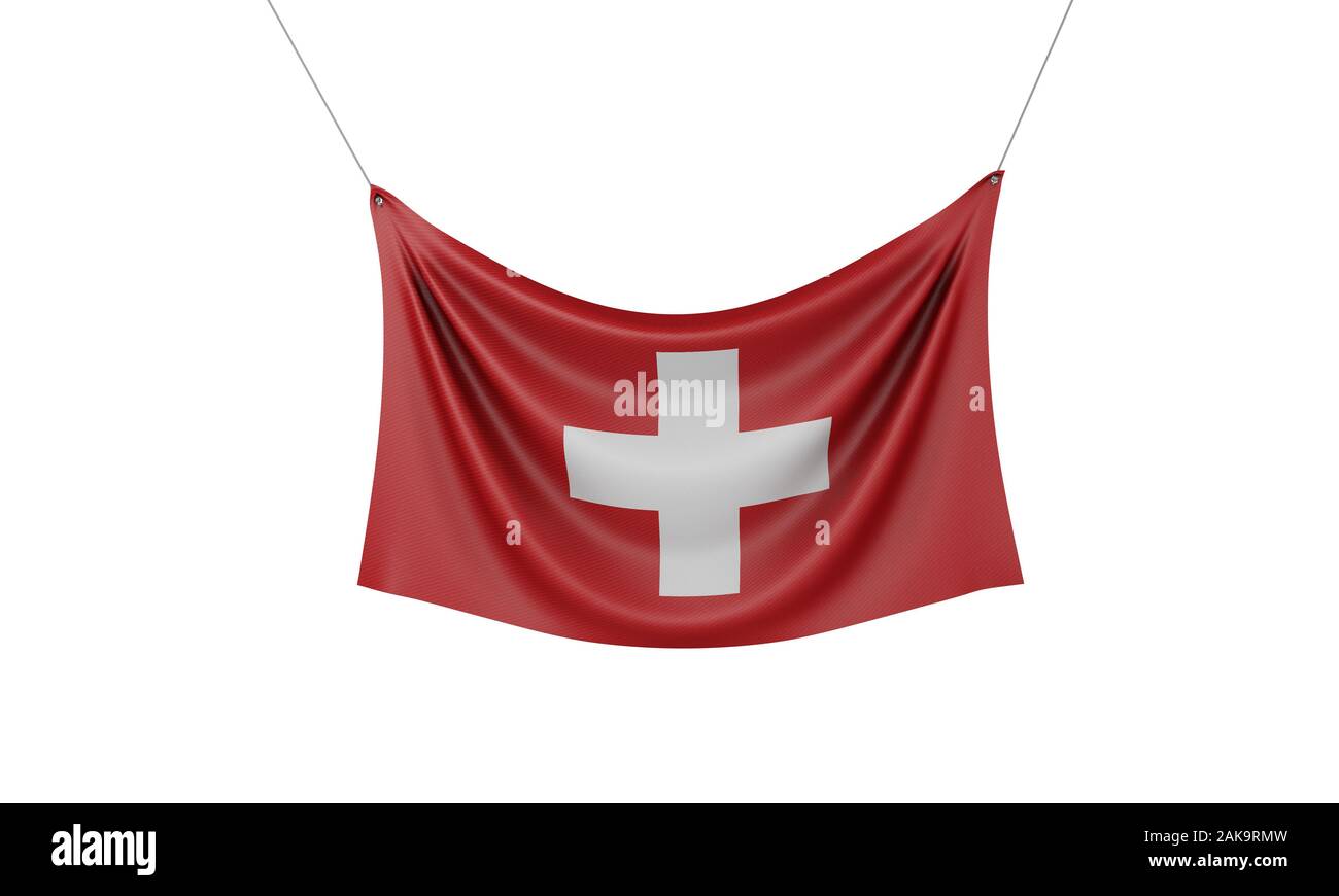 Switzerland national flag hanging fabric banner. 3D Rendering Stock ...
