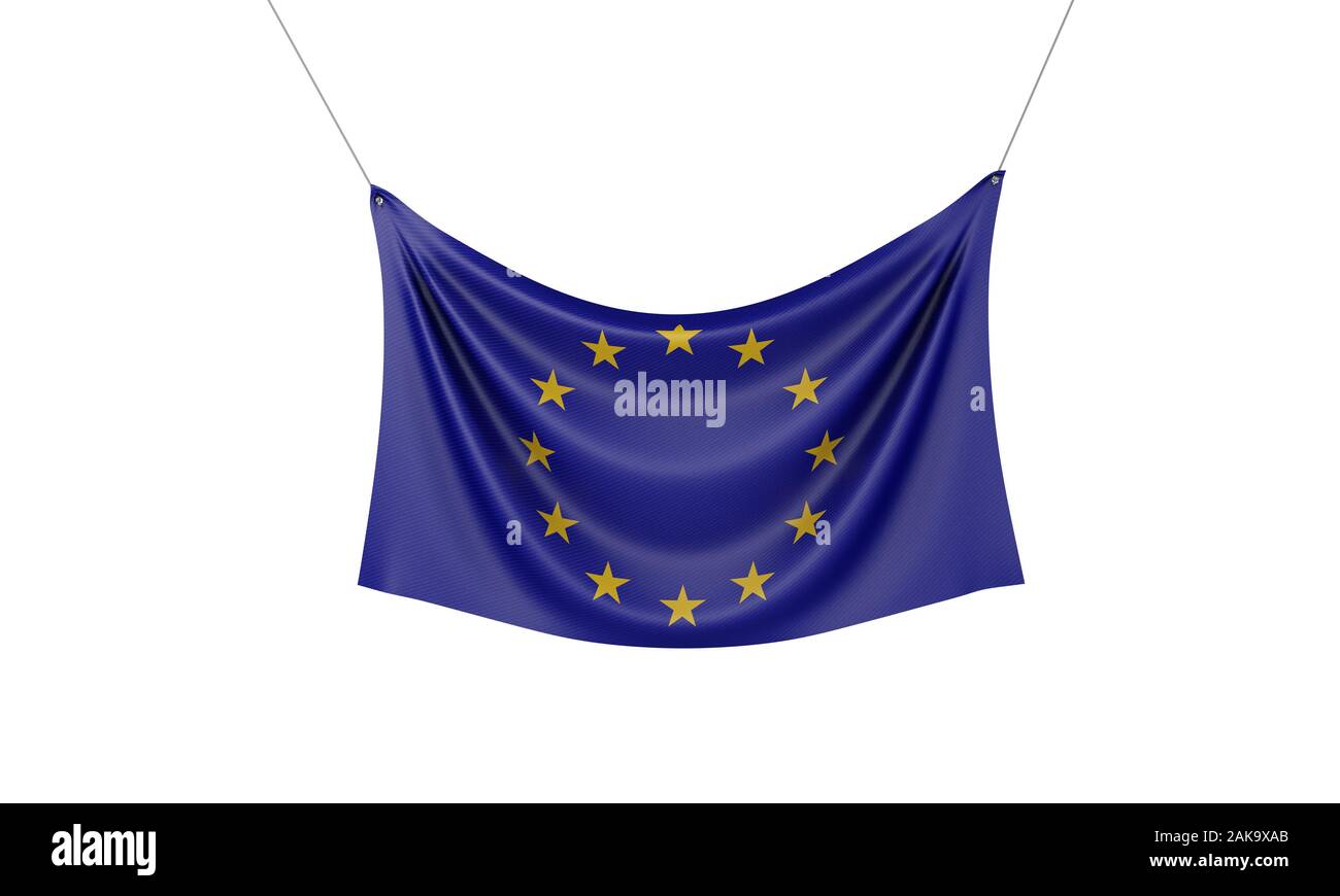 European Union national flag hanging fabric banner. 3D Rendering Stock ...