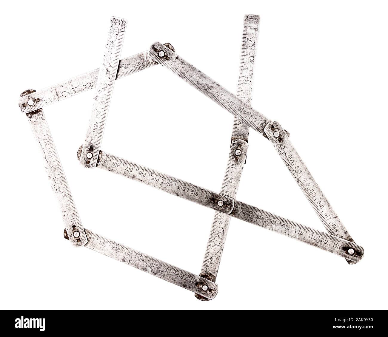 Vintage folding grunge steel meter ruler isolated on white background ...