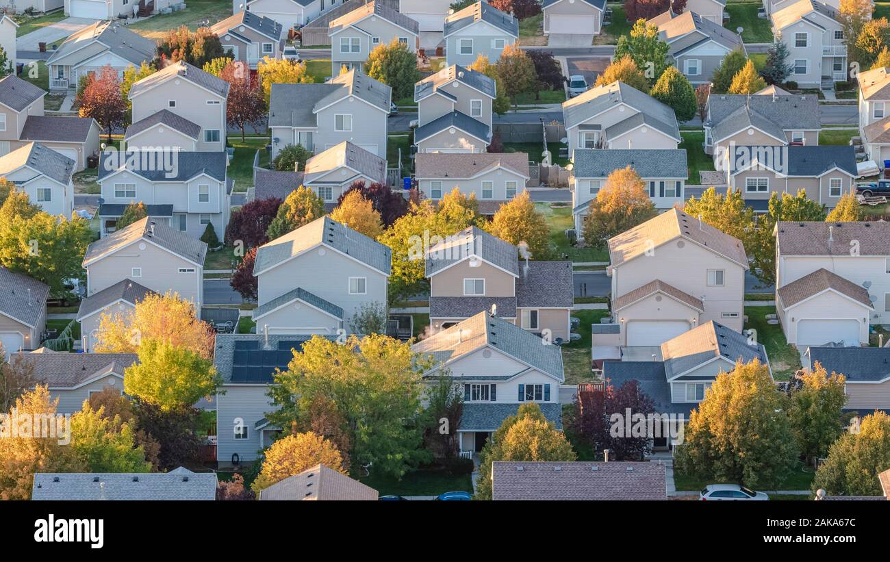 Panorama Aerial view of a modern housing estate with trees Stock Photo ...