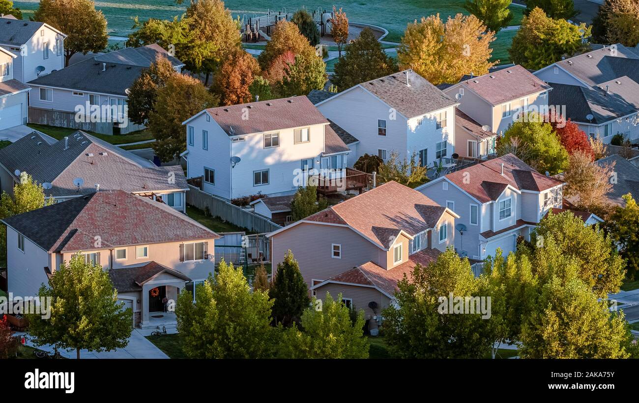 Panorama Modern urban housing estate with small park Stock Photo - Alamy