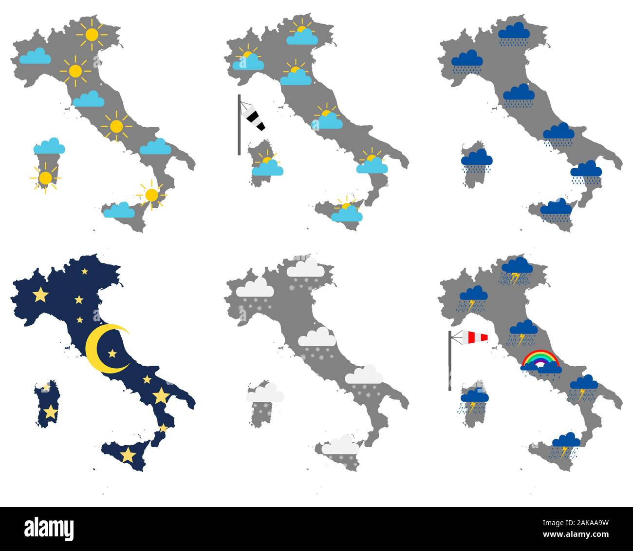 Maps of Italy with various weather symbols Stock Photo - Alamy