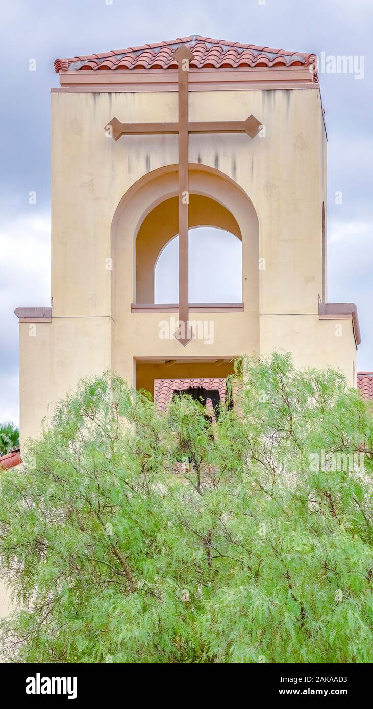 Vertical frame Simple bell tower on a modern church Stock Photo - Alamy