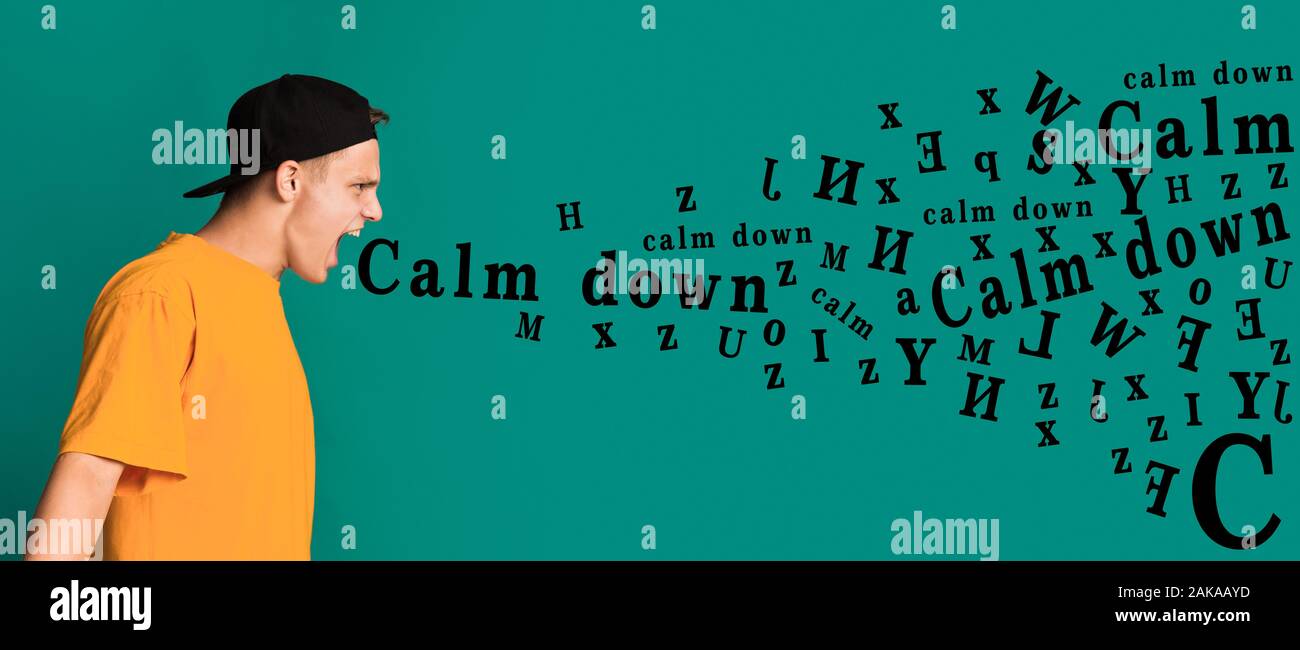 Teenage Breakdown. Angry guy shouting over green background, calm down ...