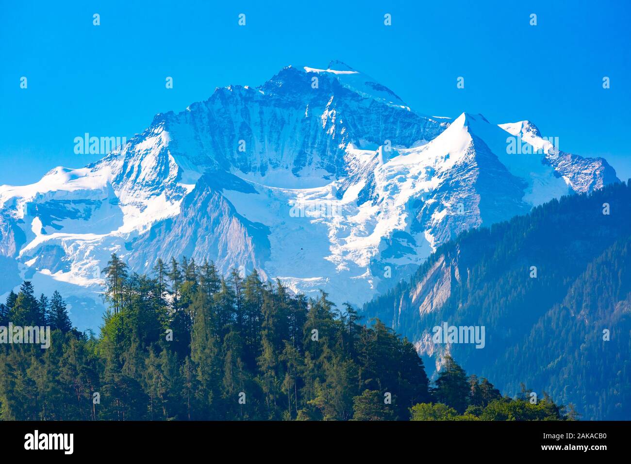 The mountain Jungfrau as seen from Interlaken, important tourist center ...