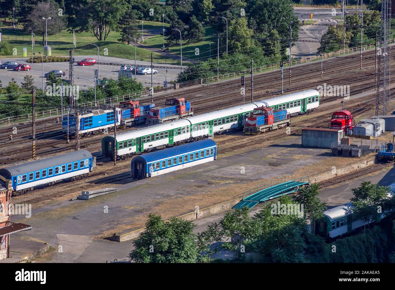 Top view of trains and locomotives on train station Stock Photo - Alamy