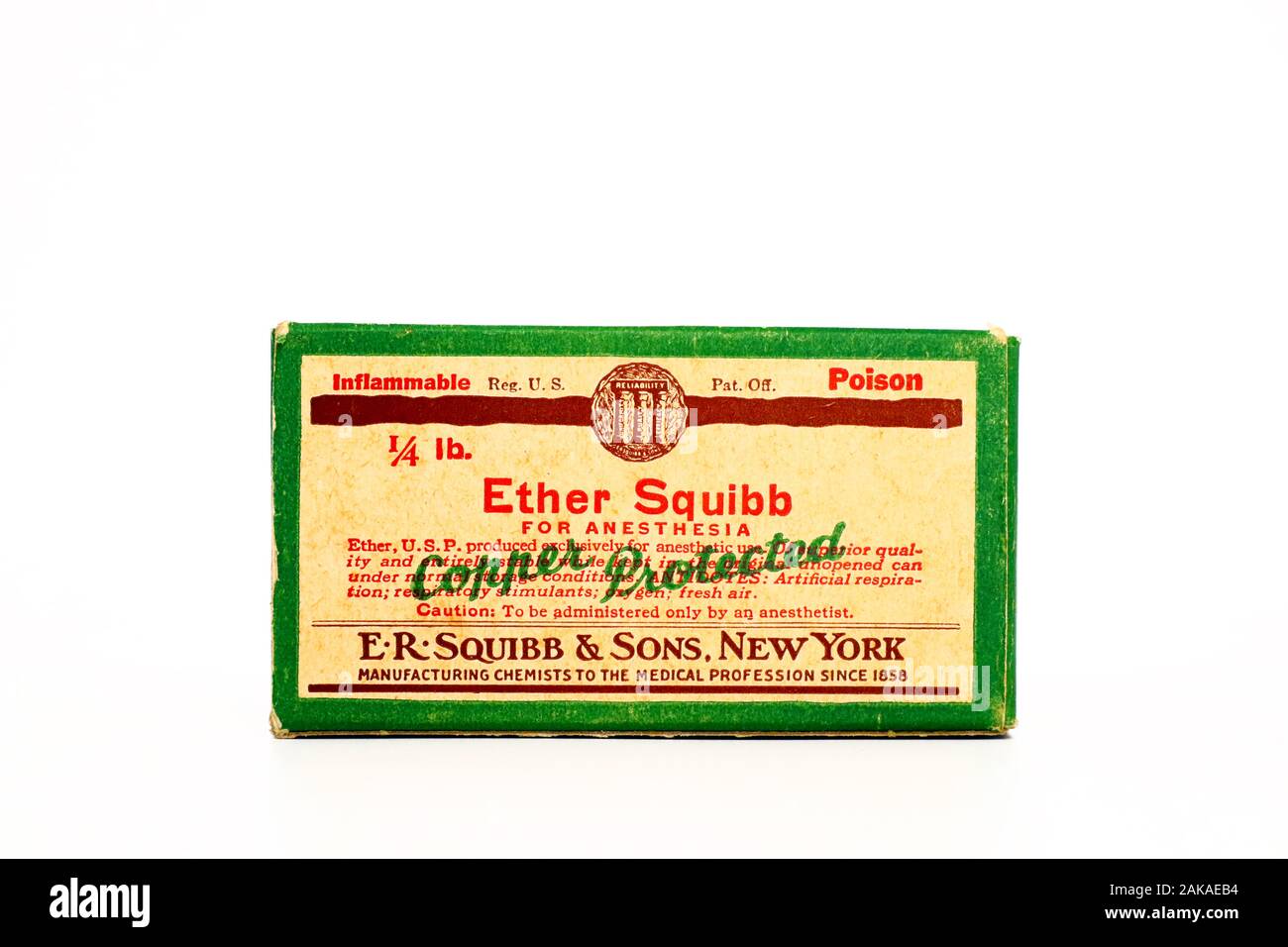 Vintage 1940s Poison 1/4 lb. ETHER SQUIBB For Anesthesia. Produced by E ...