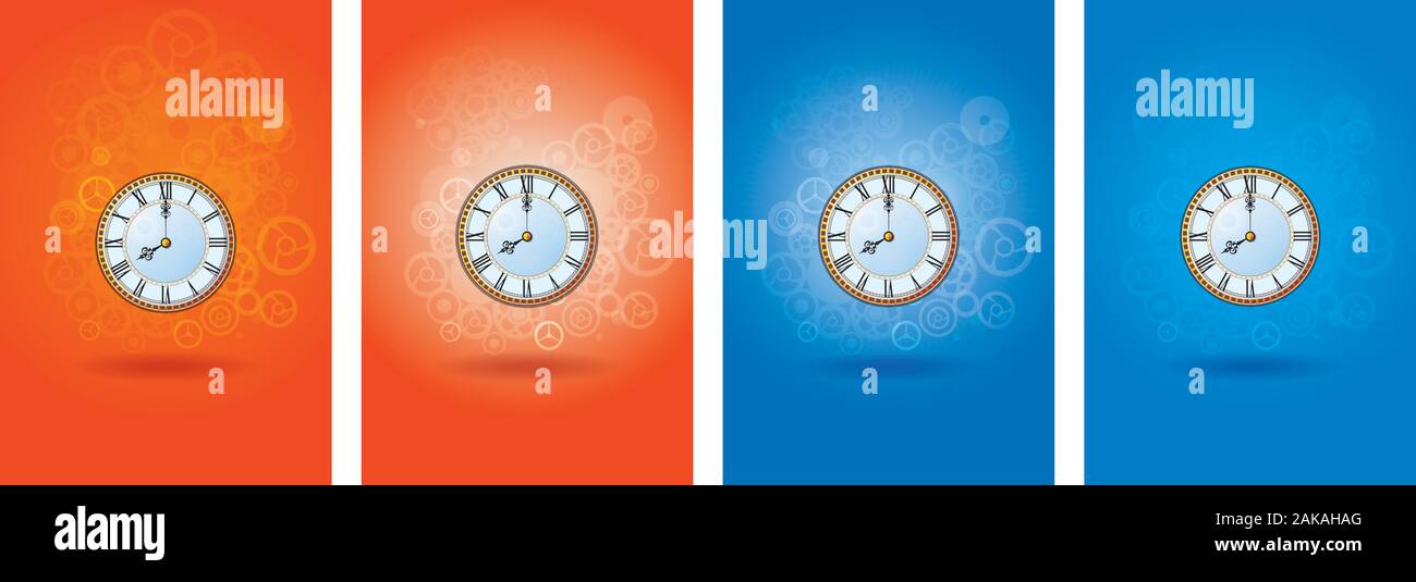 Clocks with gears and cogs behind on blue and orange background vector ...