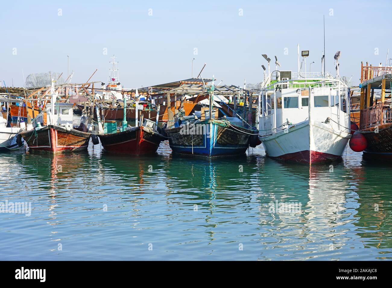 AL KHOR, QATAR -12 DEC 2019- View of the fishing port with traditional ...