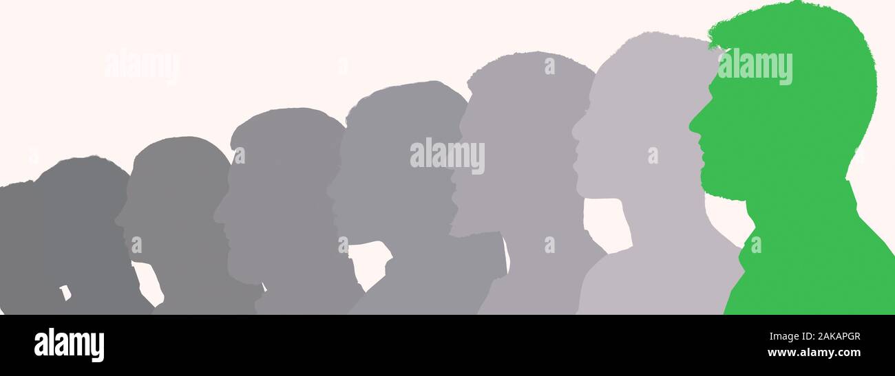 Leadership, creativity concept. Raw of grey profile human faces ...