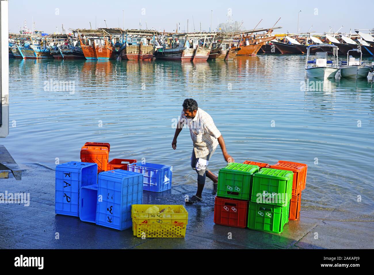 AL KHOR, QATAR -12 DEC 2019- View of the fishing port with traditional ...