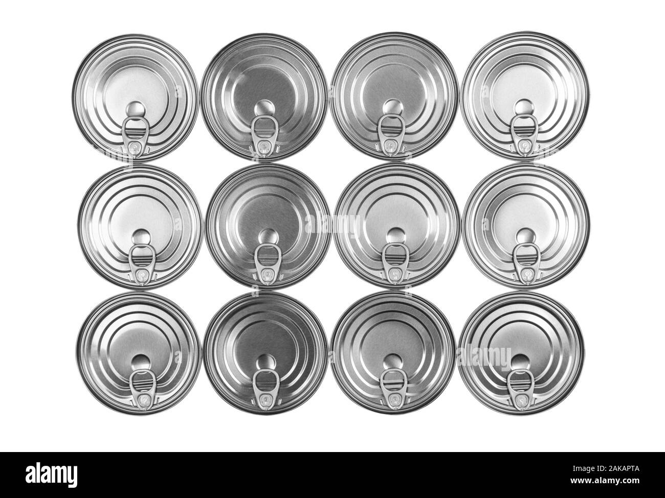 Close up photo of aluminium cans in a raw isolated on white background ...