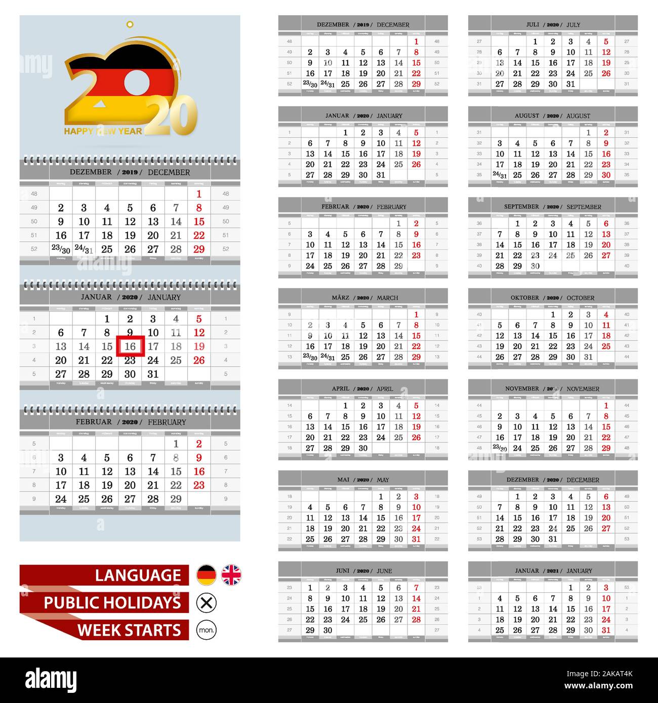 Wall calendar planner template for 2020 year. Germany and English ...