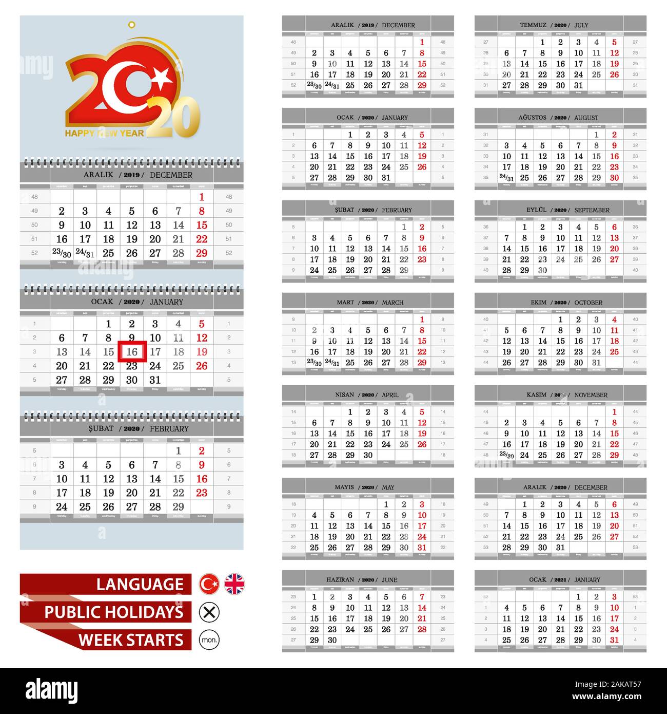 Wall calendar planner template for 2020 year. Turkish and English ...