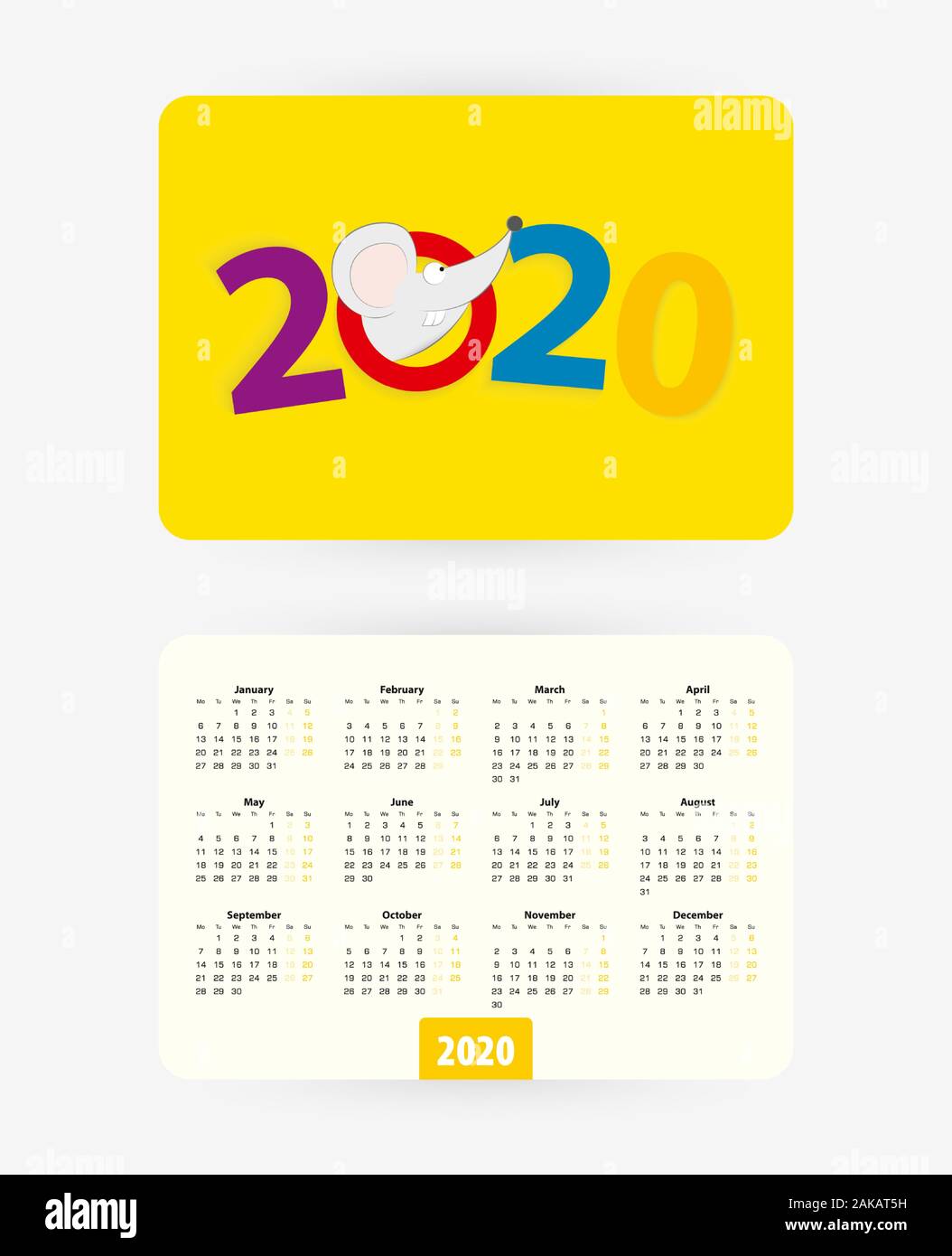 2020 pocket calendar with colorful numbers of year 2020, week starts on ...