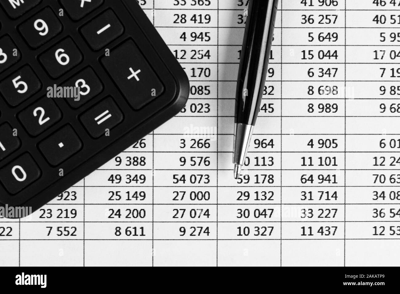 Financial concept. Calculator, pen and glasses on financial documents ...