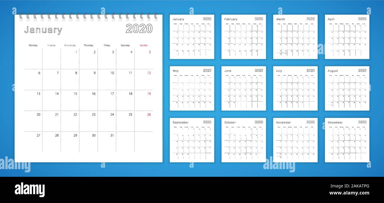 Simple wall calendar 2020 year with dotted lines. The calendar is in ...