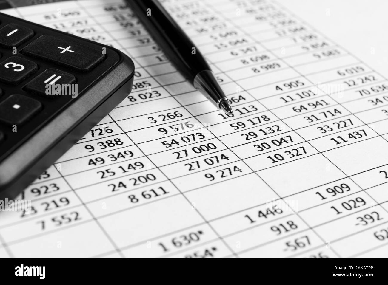 Financial concept. Calculator, pen and glasses on financial documents ...