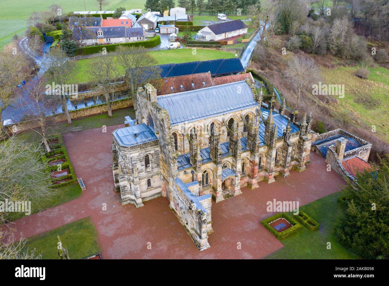 Aerial view of Rosslyn Chapel in Roslin village Midlothian, Scotland ...