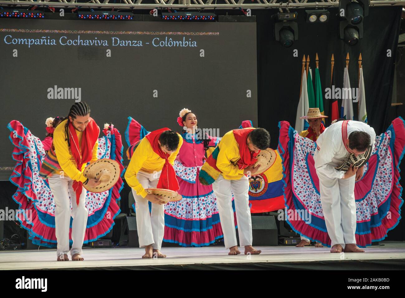 Colombian folk dancers performing a typical dance on Folkloric Festival ...