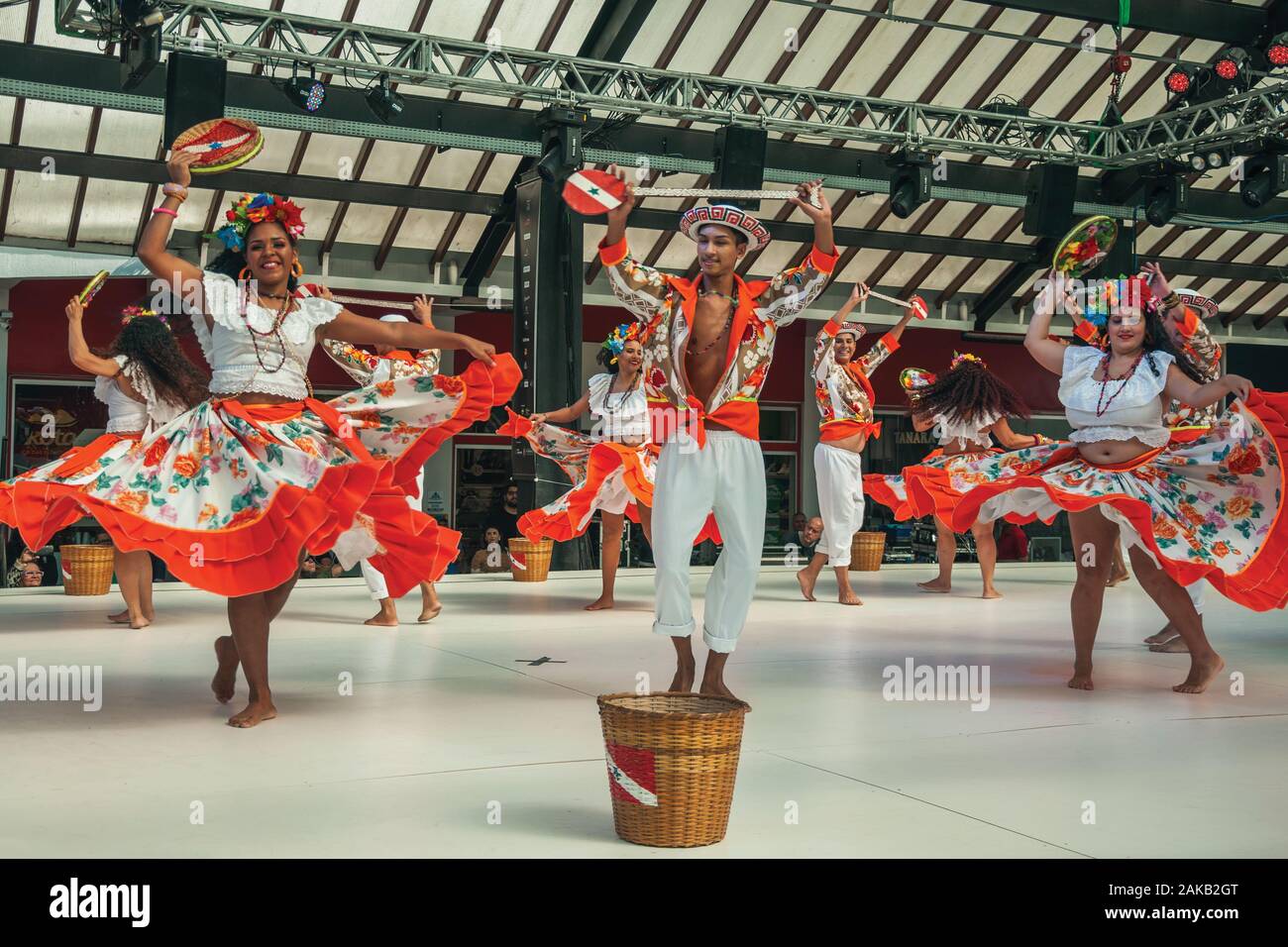 Brazilian folk dancers performing a typical dance on Folkloric Festival ...