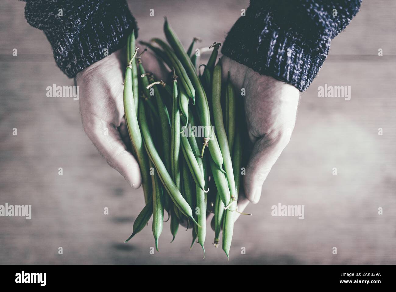 top view of hands holding fresh uncooked green beans Stock Photo - Alamy