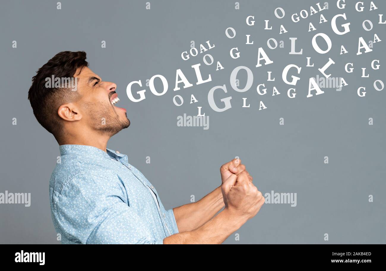 Soccer fan. Euphoric guy, football lover emotionally screaming over ...