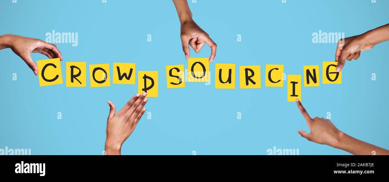 Open resource for ideas and innovations, crowdsourcing concept. Hands ...