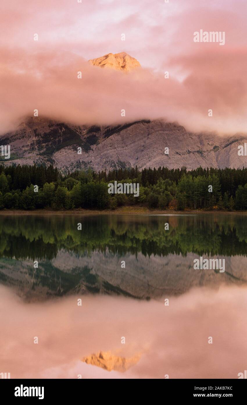 Landscape with Mount Kidd behind fog and Wedge Pond, Peter Lougheed ...
