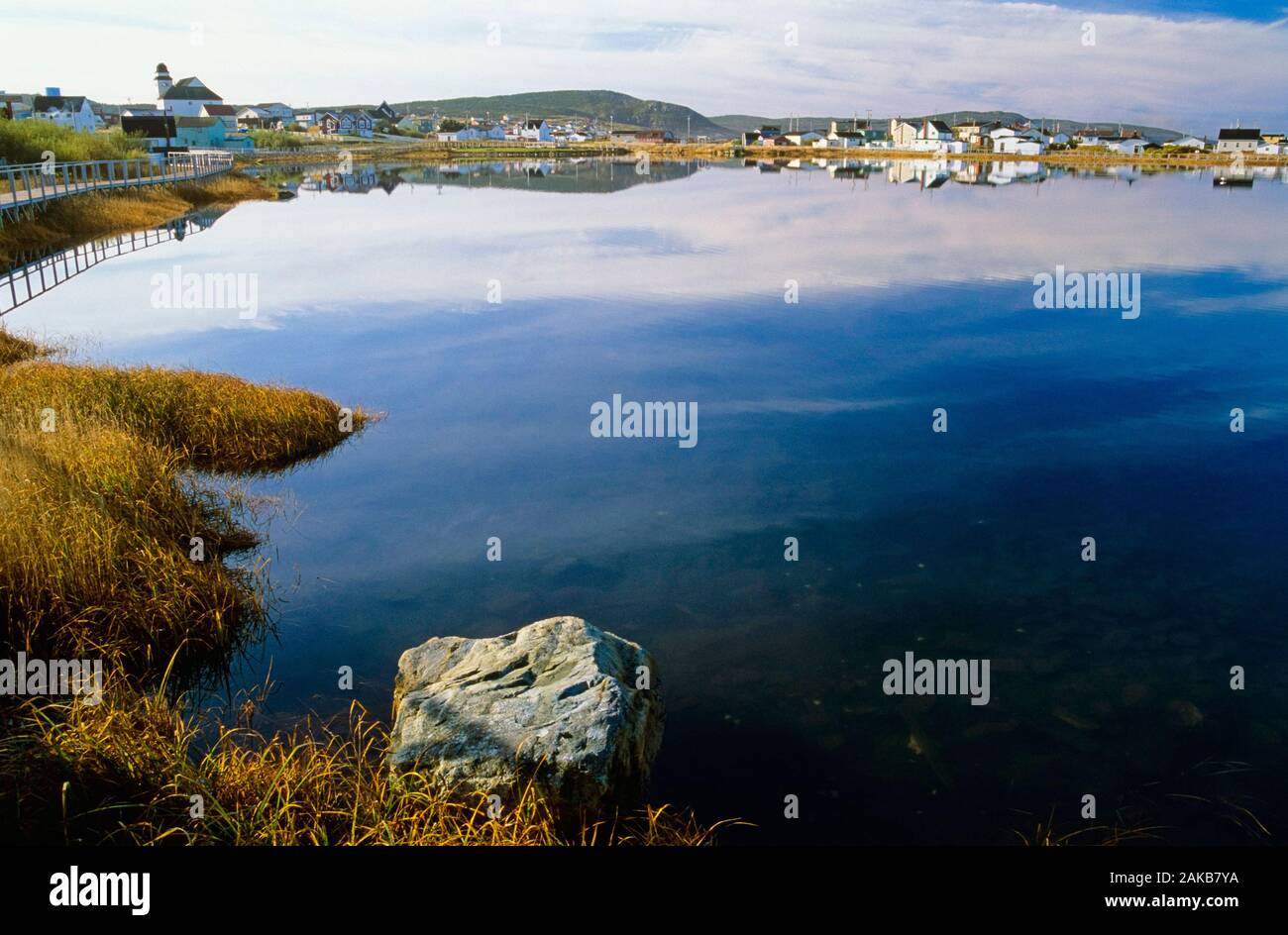 Landscape with shoreline and coastal town, Bonavista, Newfoundland ...