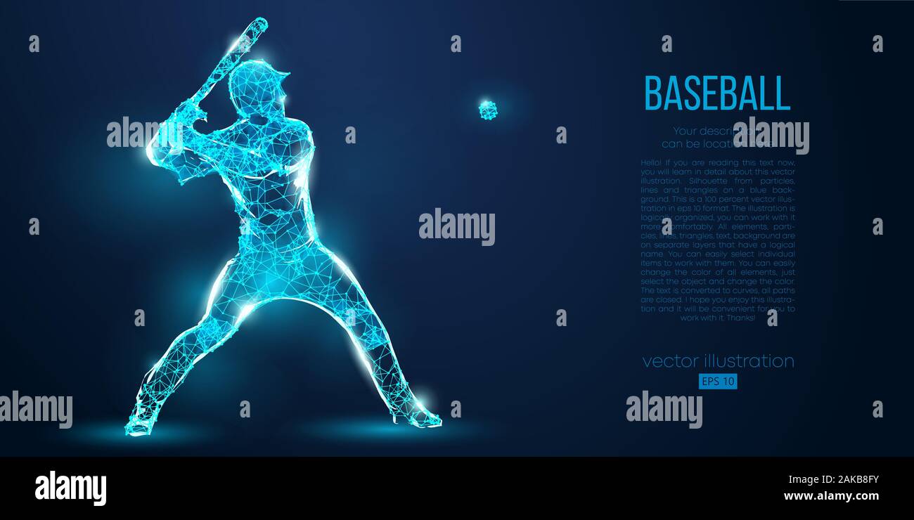 Abstract baseball player from particles, lines and triangles on blue ...