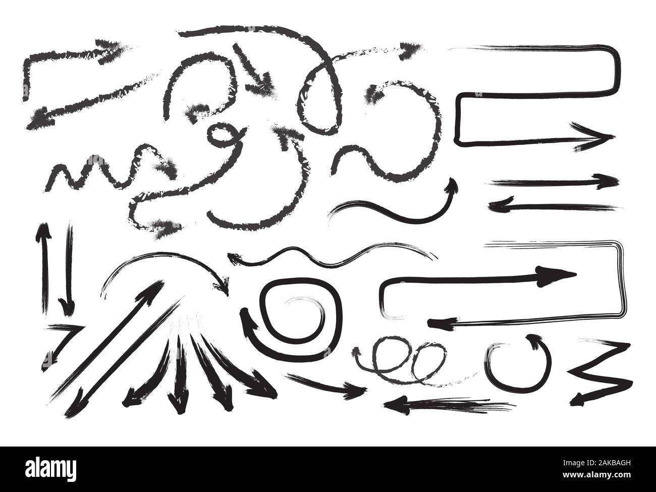 Hand drawn arrows in grunge style. Black scribble directions and helix ...