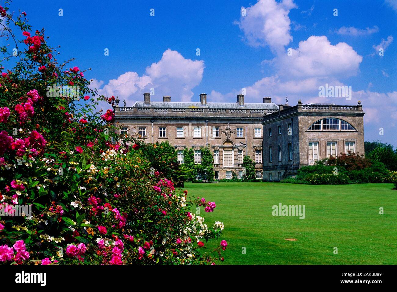 Exterior view of Stourhead House with lawn, Wiltshire, England, UK ...