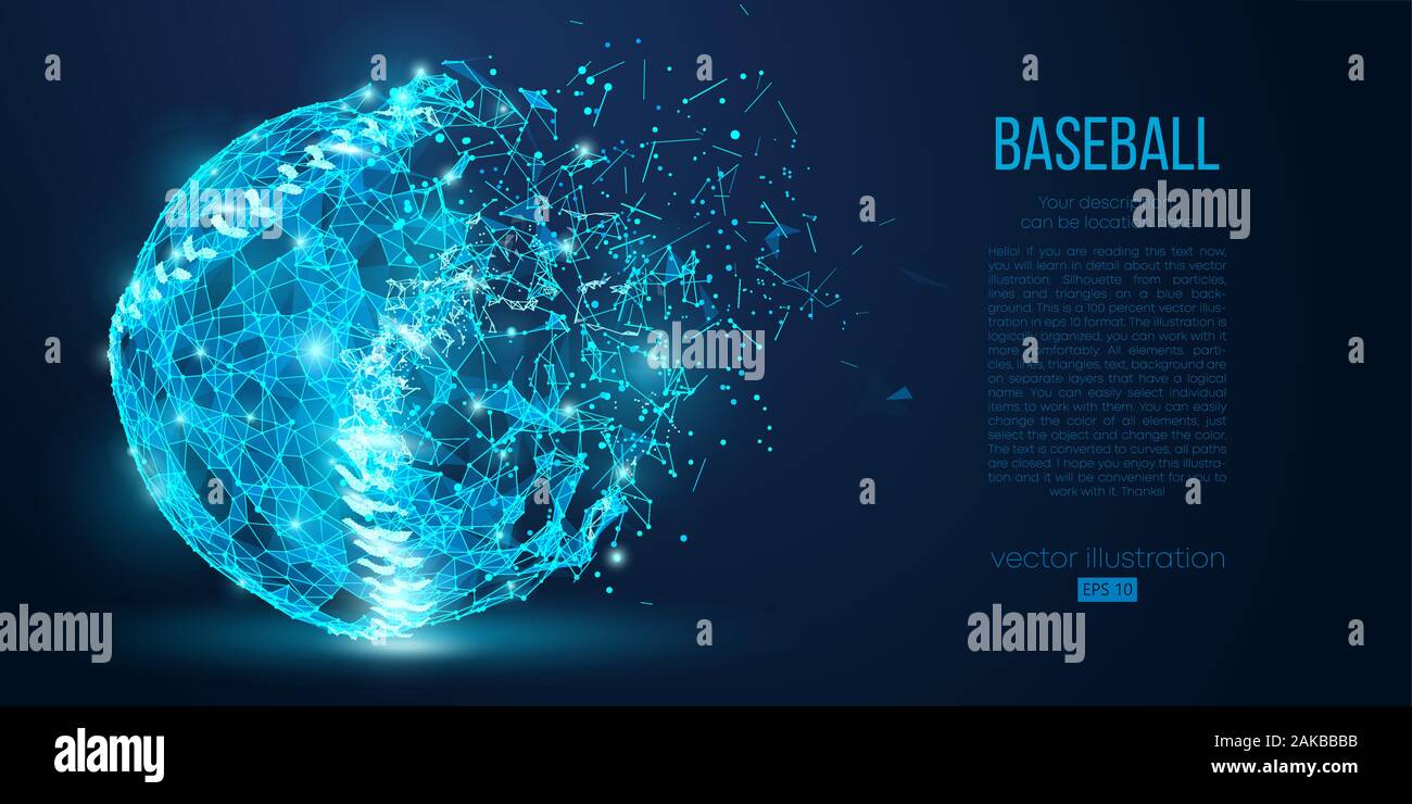 Abstract baseball ball from particles, lines and triangles on blue ...