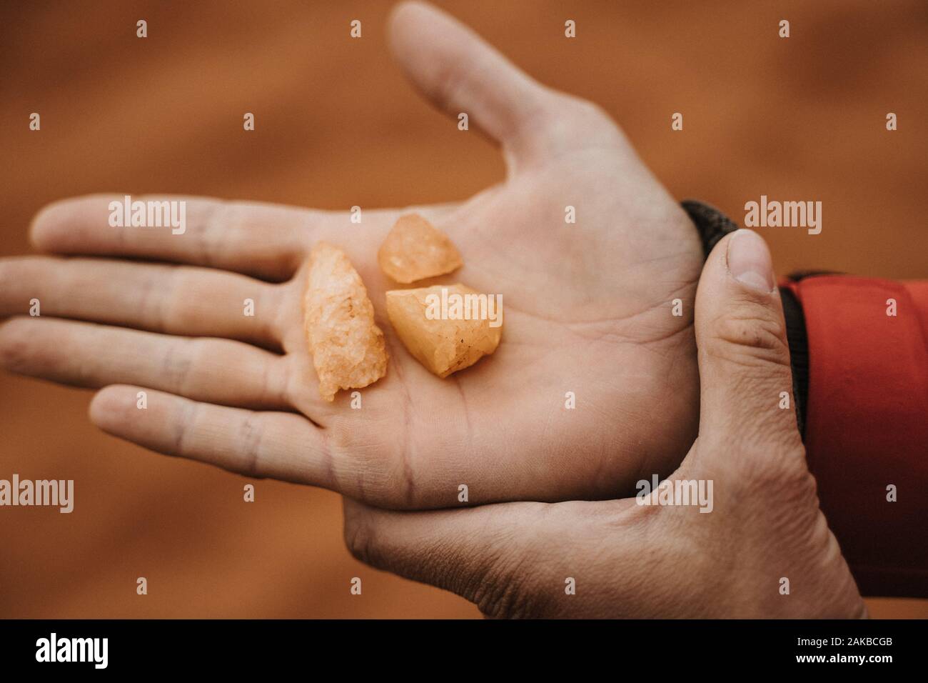 two hands holding and showing pieces of red quartz sandstone Stock ...