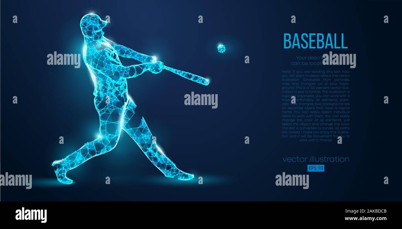 Abstract baseball player from particles, lines and triangles on blue ...