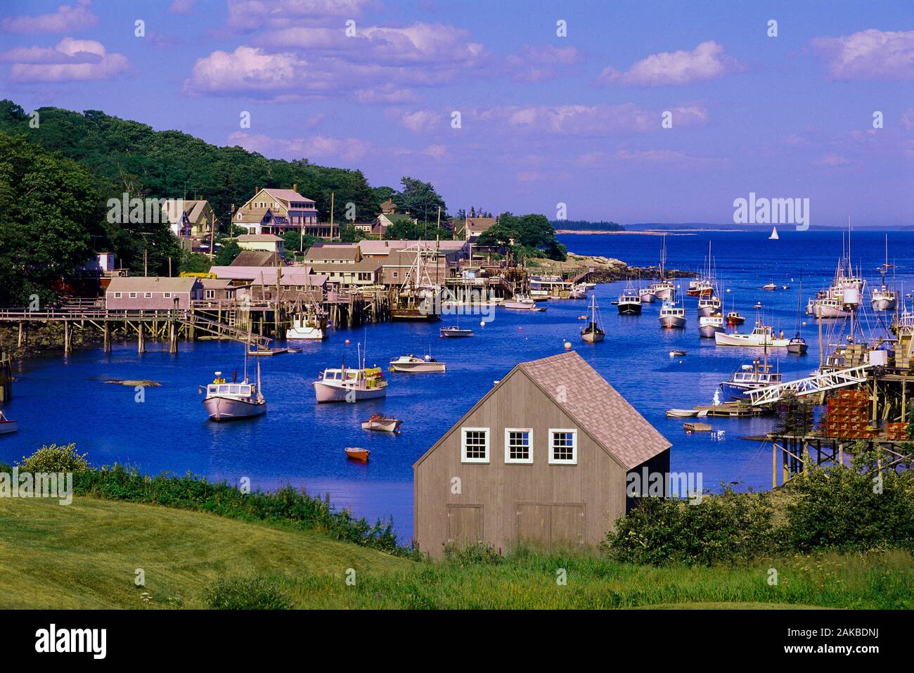 Coastal village of New Harbour with fishing boats and sailboats moored ...