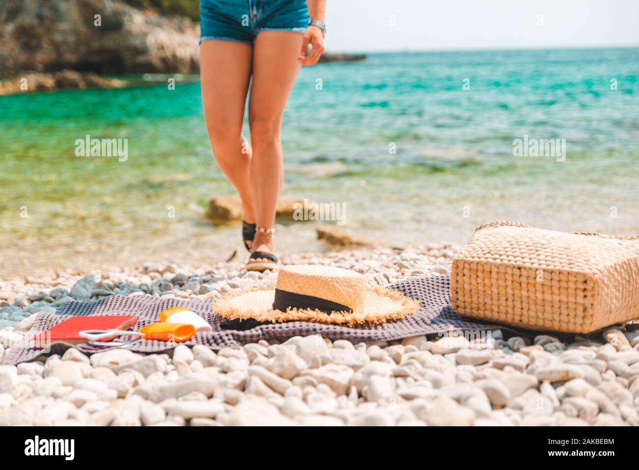 sea stuff at blanket at rocky beach Stock Photo - Alamy