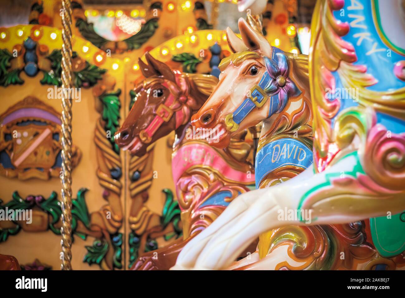 Carousel, merry go round, at Christmas funfair, Winter Wonderland, in ...