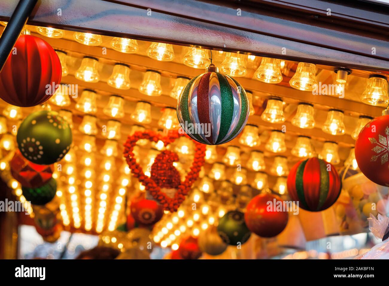 Vintage ceiling decorated with baubles at Christmas market winter ...