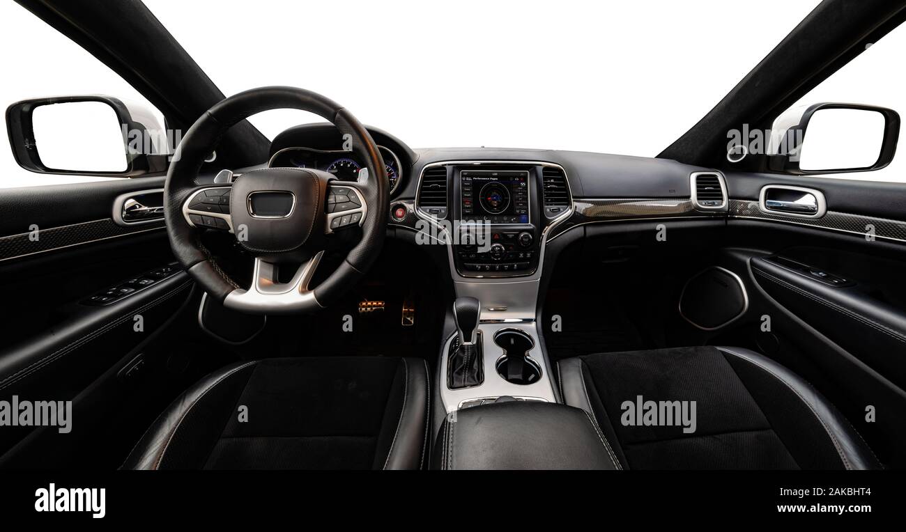 isolated cockpit and interior of Jeep Grand Cherokee on a white ...