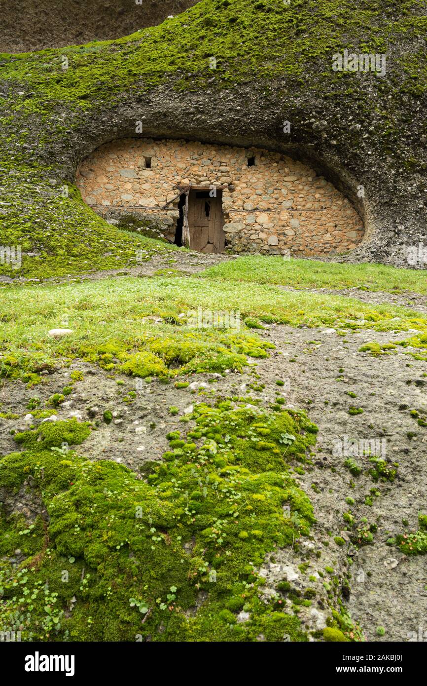 Meteora, Greece - Dec 19, 2019: Abandoned monastic cave houses known as ...