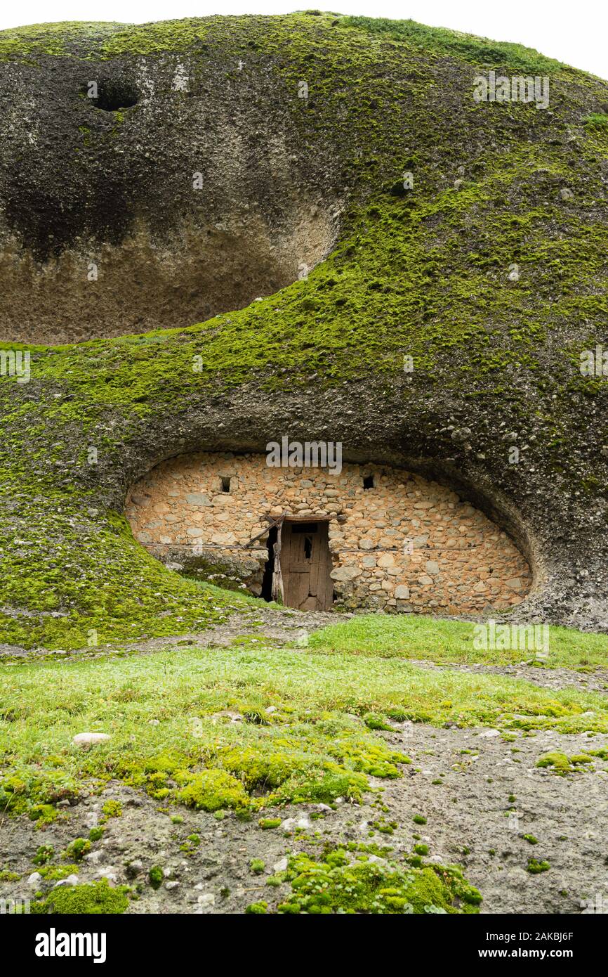 Meteora, Greece - Dec 19, 2019: Abandoned monastic cave houses known as ...