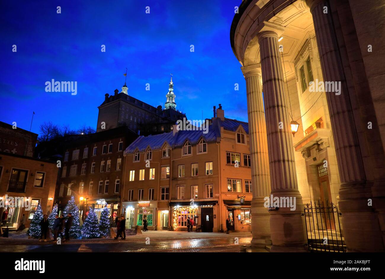 Night view of Lower town of Old Quebec with holiday lights. Quebec City ...