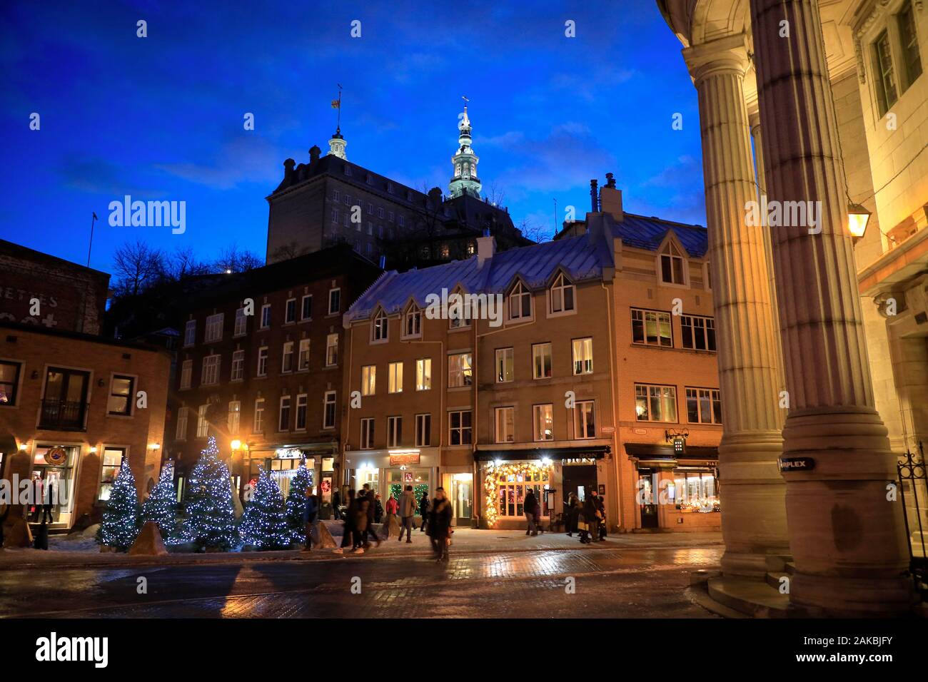 Night view of Lower town of Old Quebec with holiday lights. Quebec City ...