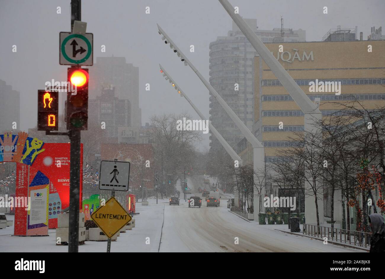 Place dws Festivals Plaza in Downtown Montreal at a snowstorm day ...